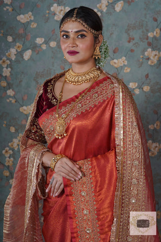 Rust Banarasi Zarina Saree – kreationbykj