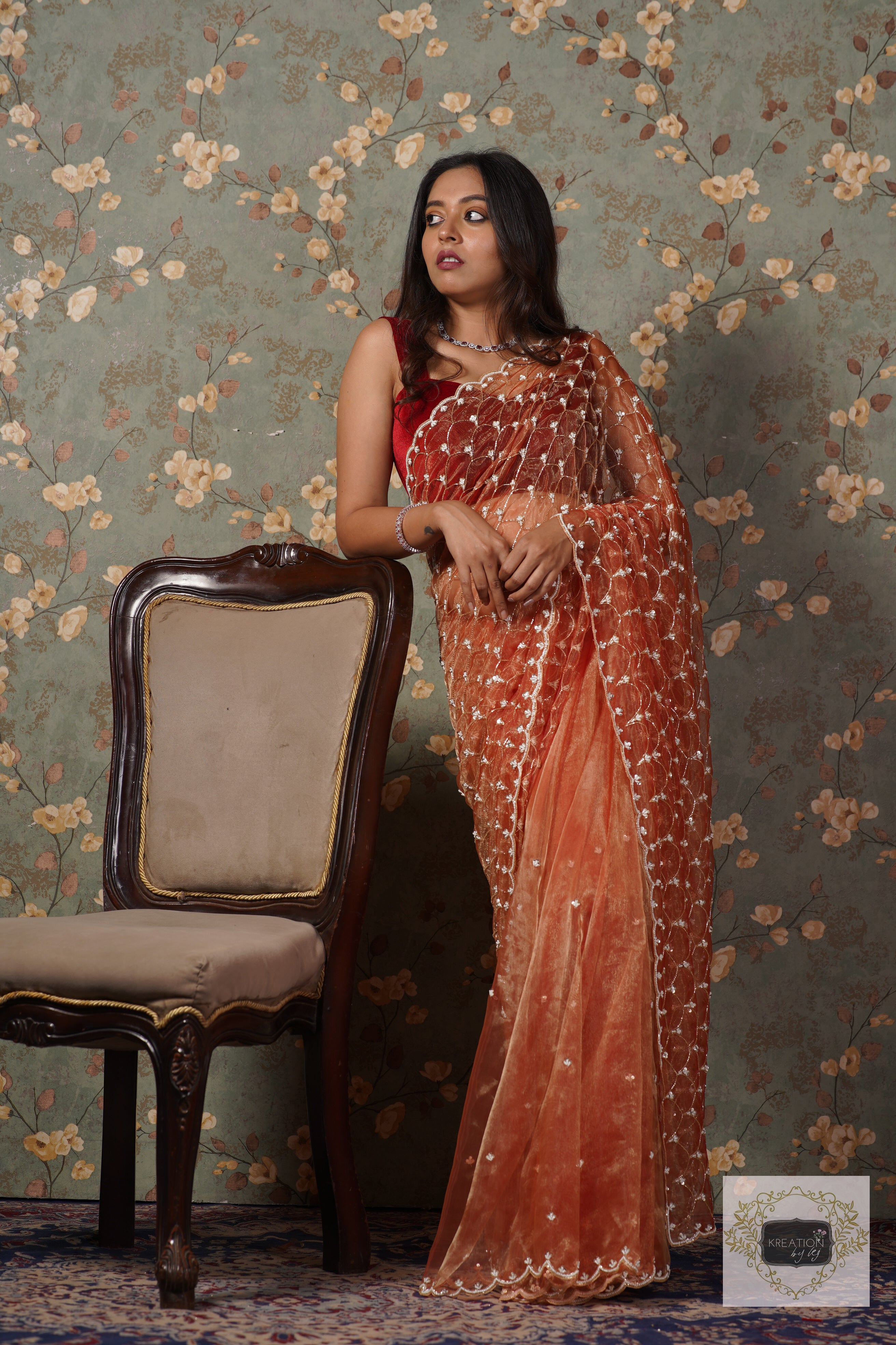 Marigold Glass Tissue Mehraab Jaal Saree – kreationbykj