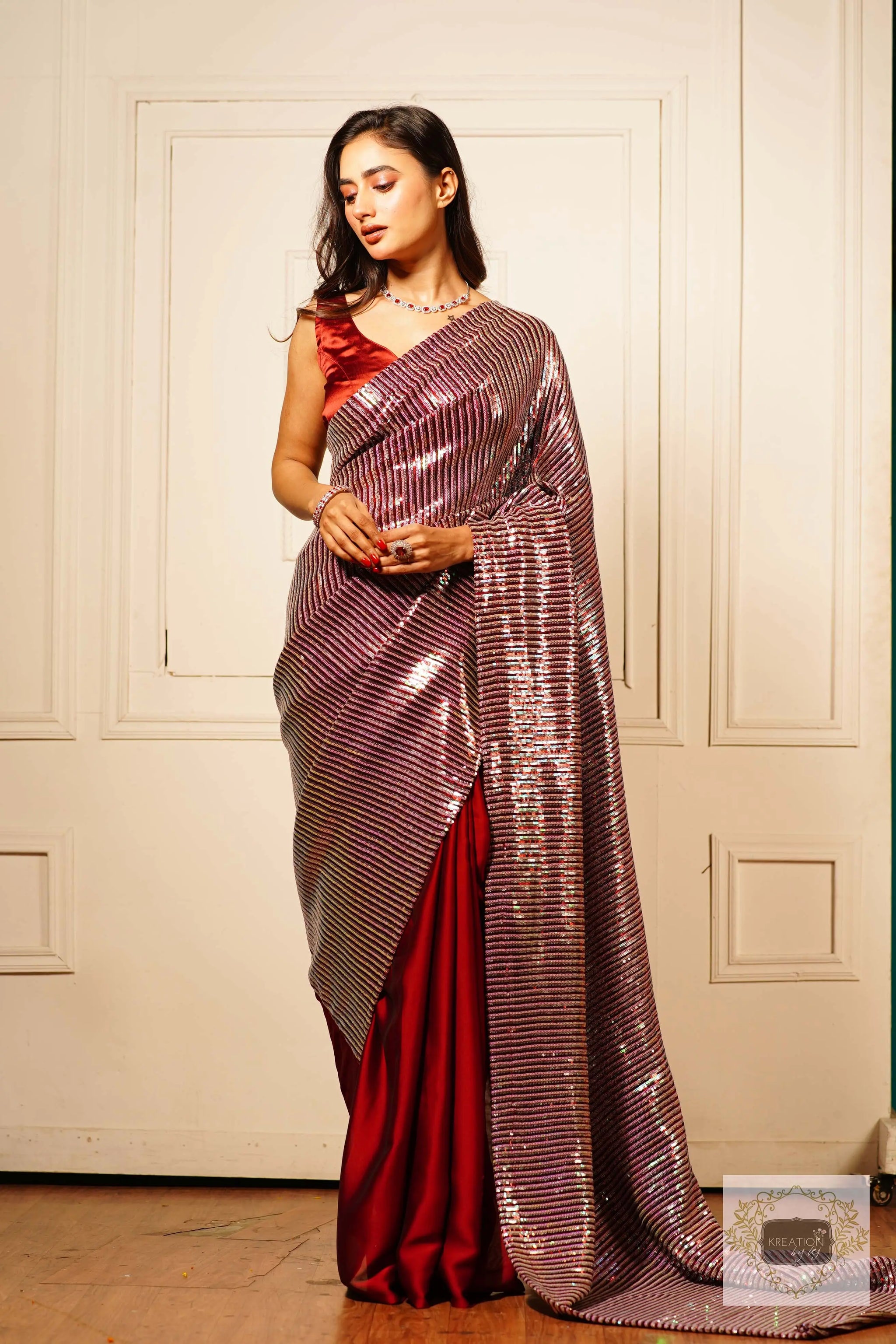 Dazzle Maroon Sequins Half Saree – kreationbykj