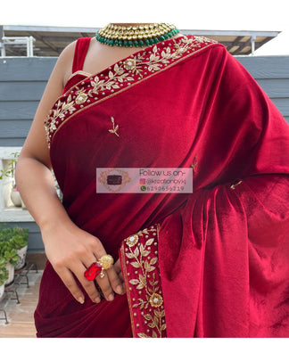 Maroon Velvet Saree with Zardosi Work for Receiption - kreationbykj