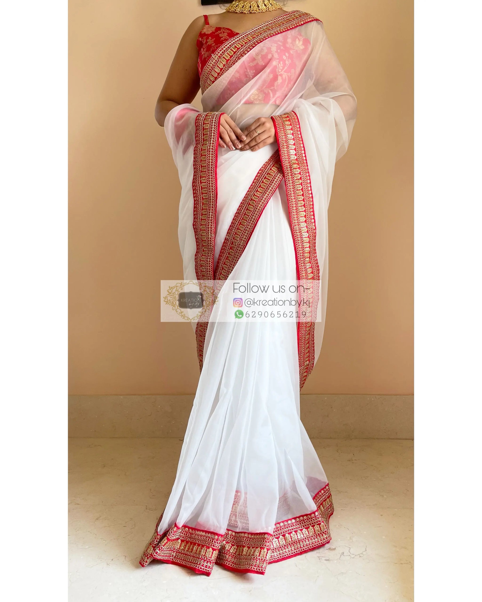 White Organza Saree with Red Border – kreationbykj