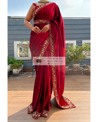 Anaya Maroon Velvet Saree – kreationbykj