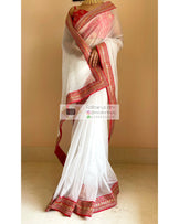 White Organza Saree with Red Border – kreationbykj