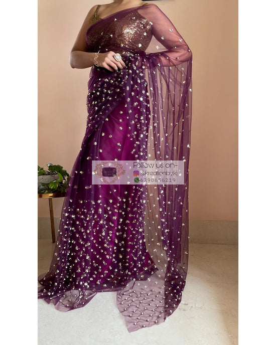 Embellished Jugnoo Wine Net stylish saree for dinner date- kreationbykj