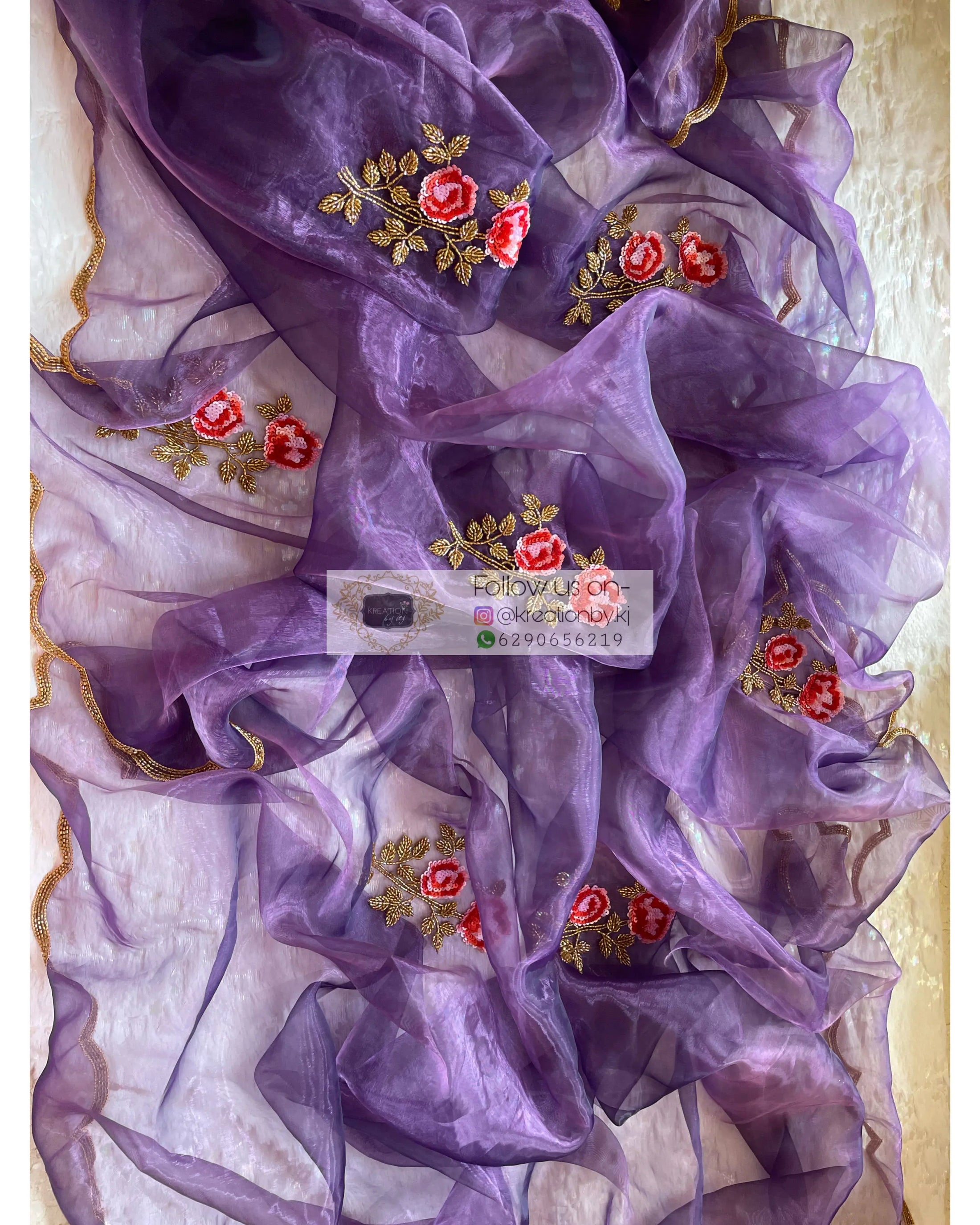 Violet Glass Tissue Rose Dupatta, Festive dupattas - kreationbykj