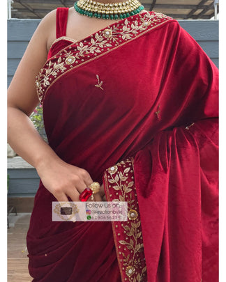 Maroon Velvet Saree with Zardosi Work for Receiption - kreationbykj