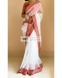 White Organza Saree with Red Border – kreationbykj