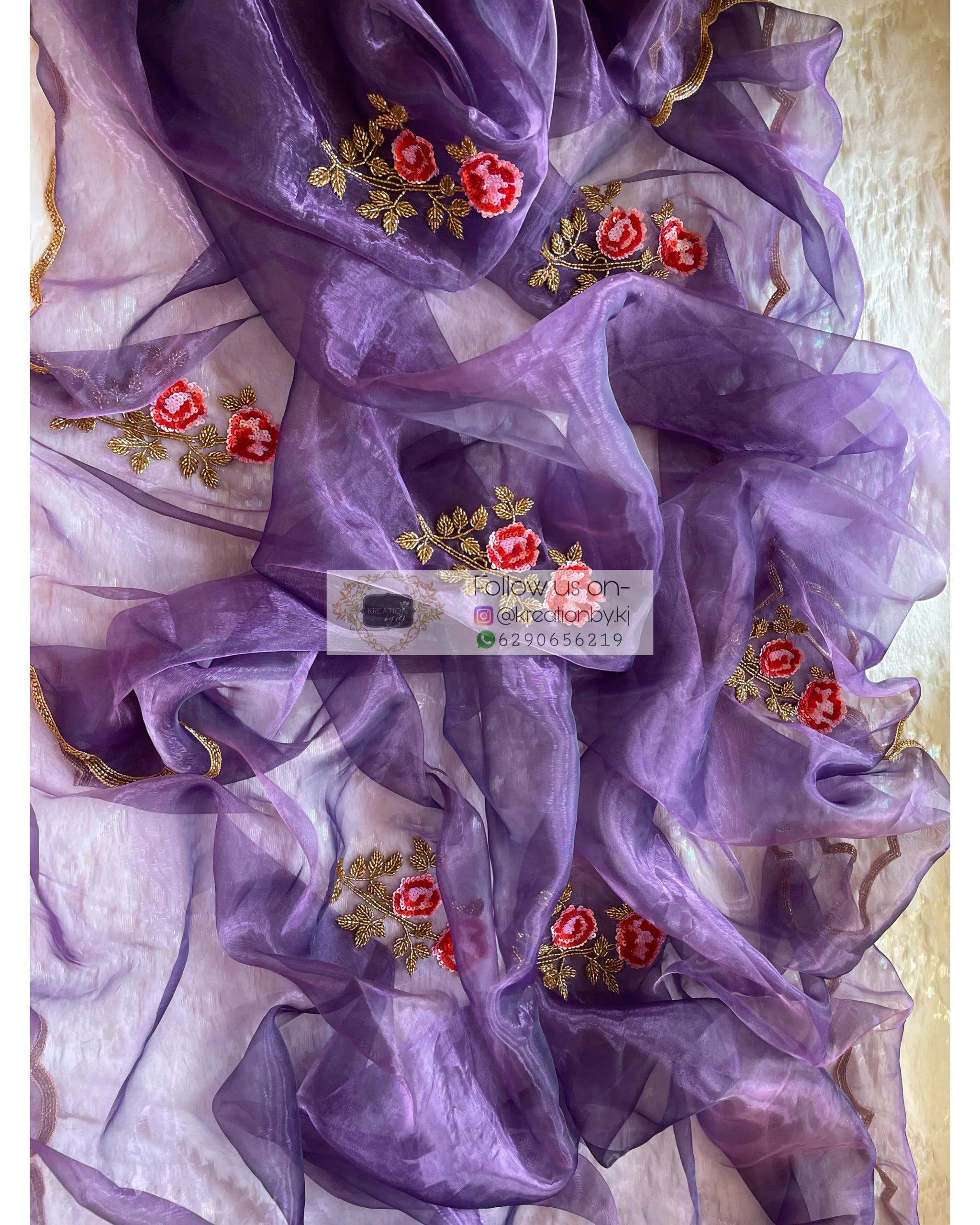 Violet Glass Tissue Rose Dupatta, Festive dupattas - kreationbykj