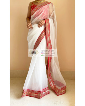 White Organza Saree with Red Border – kreationbykj